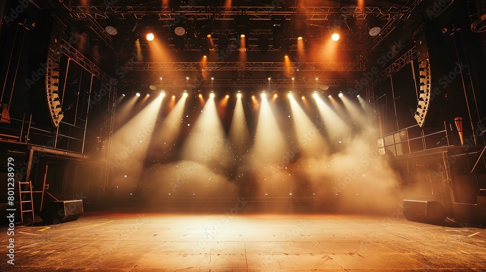 retro vintage interior theater stage with orange spotlights shine on ...