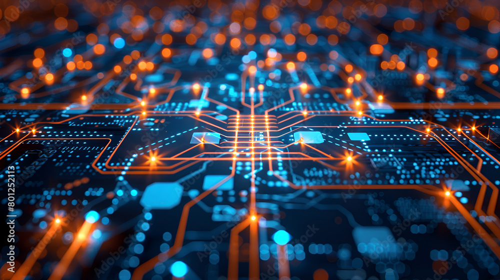 High Technology Background with Glowing Circuit Lines and Bokeh Lights ...