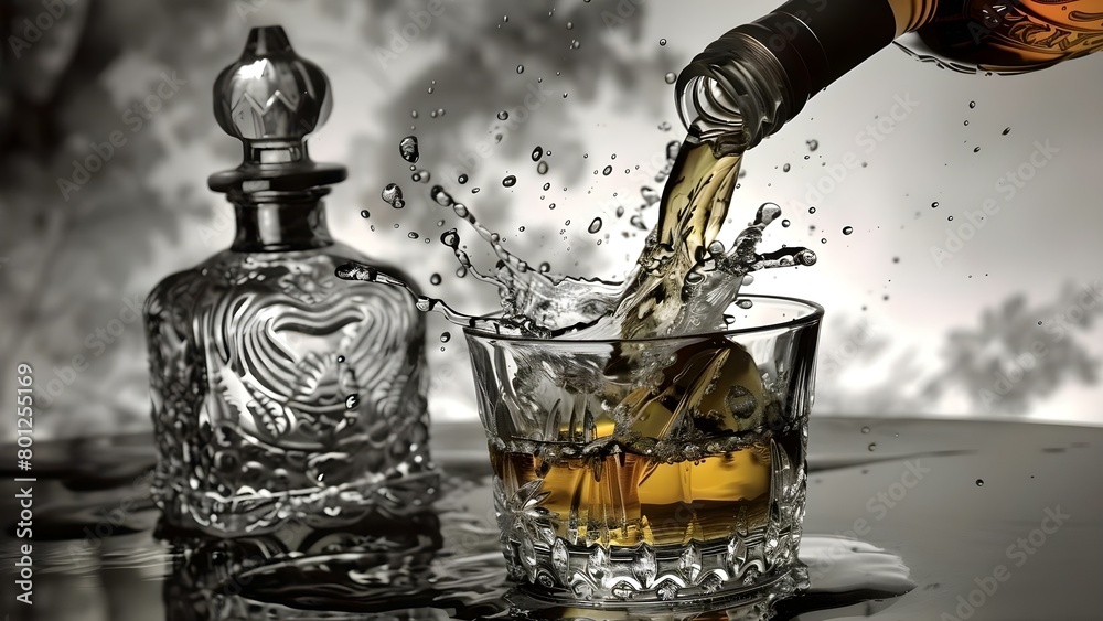 Whisky being poured from ornate bottle into glass capturing dynamic ...