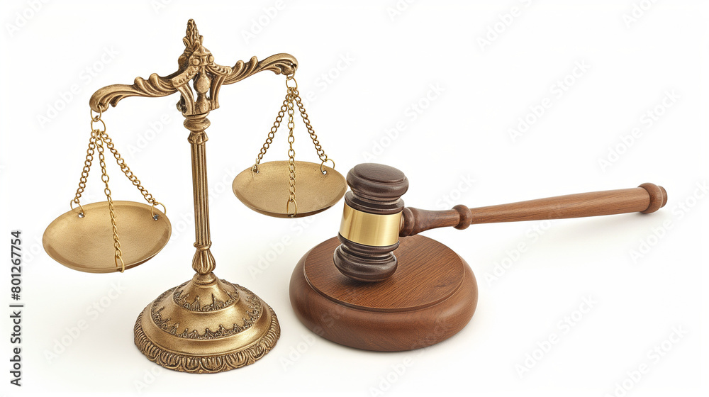 Wooden judge Hammer and scale. gold bronz and wood gavel isolated on ...