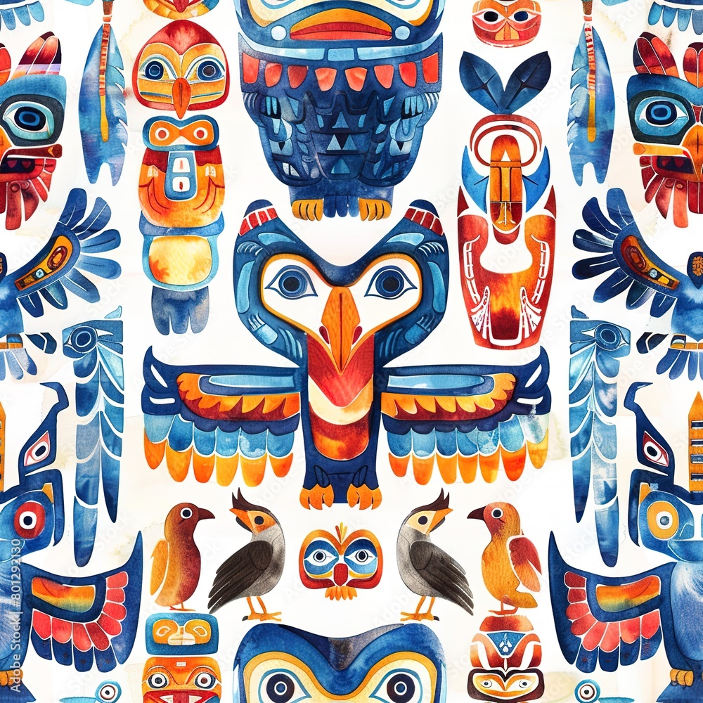 Totem poles and spirit animals, totemic boho watercolor, seamless ...