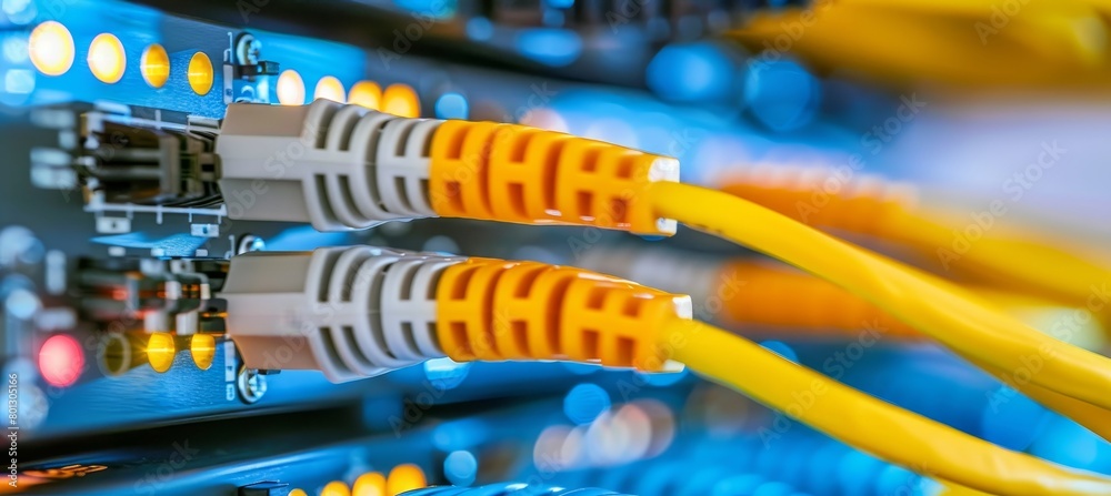 Network panel and switches with cables in data center server room for efficient data management ...