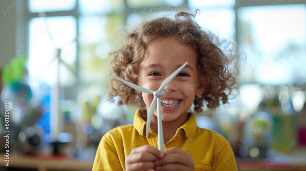 Happy smart children looking at camera while holding wind mill model ...