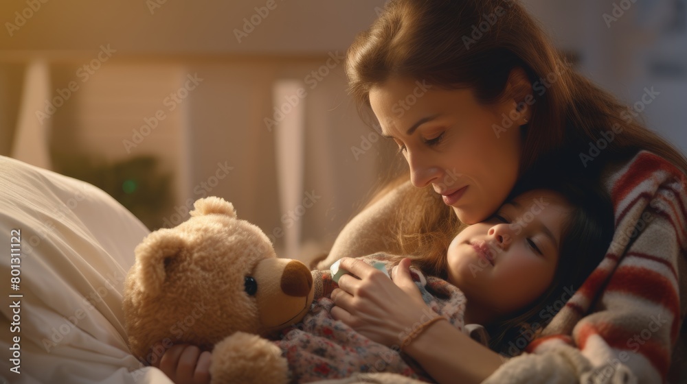 Sick girl in bed with her teddybear while her mother takes her ...