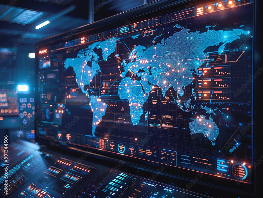 Cybersecurity risk map on a large screen, hotspots and alerts flashing ...