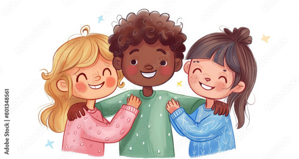 Ilustración de Stock Three children of different races smile while ...