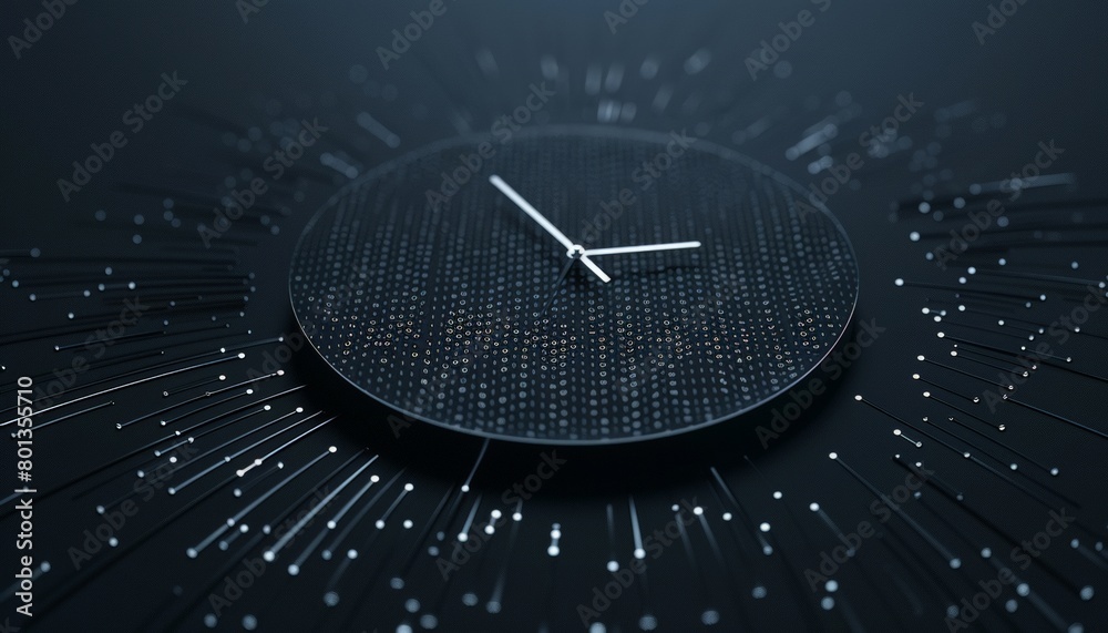 A digital clock face reimagined with cascading lines of binary code ...