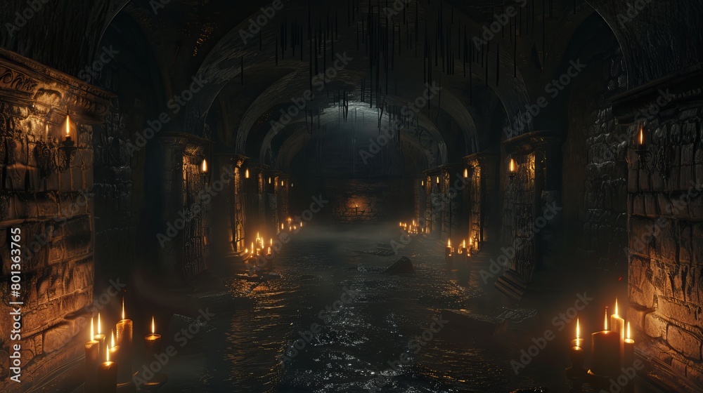 Eerie depiction of endless medieval catacombs illuminated by torches ...