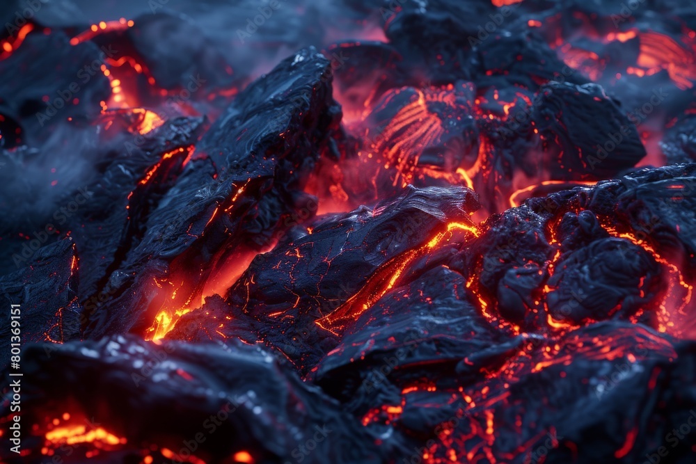 Jagged black volcanic rocks with glowing red cracks and fissures ...