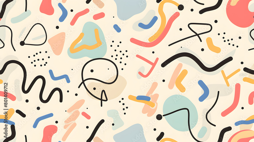 Seamless pattern of squiggly lines and geometric shapes in a pastel ...