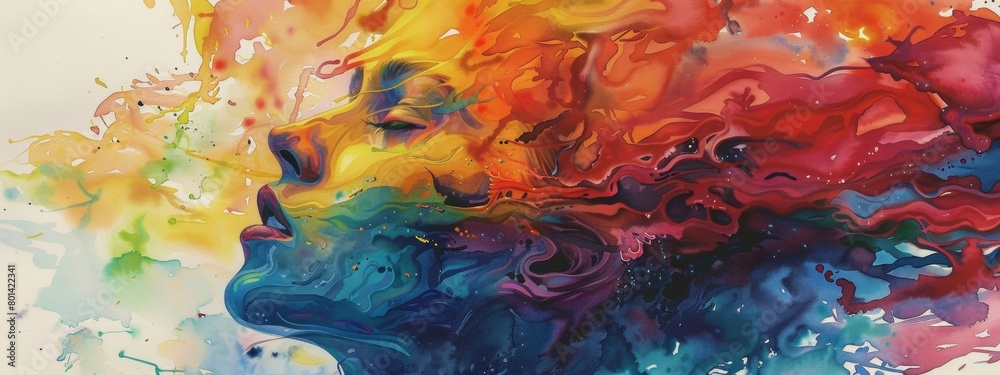 A highly detailed watercolor portrait of a person's face melting into a ...