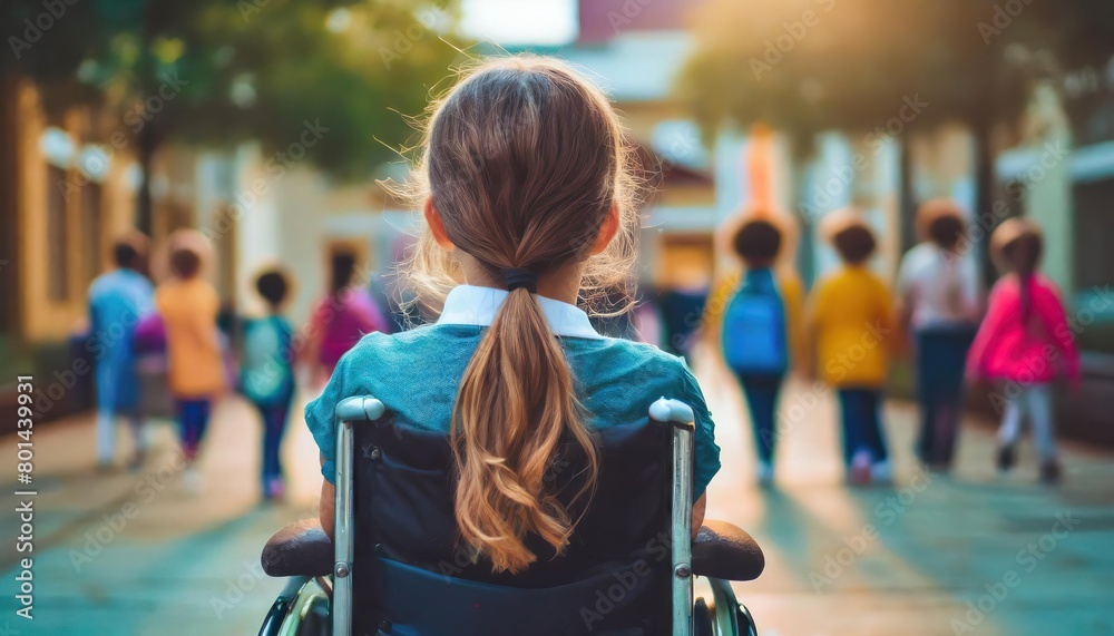 back view young girl in a wheelchair looking longingly at children ...