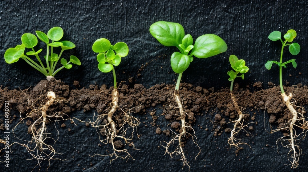 Cross section of earth revealing plant growth and complex root system ...