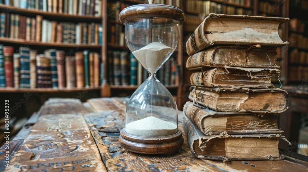 Ilustración de Stock A sand timer sits on a table next to a stack of ...