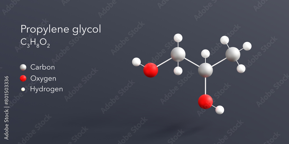 propylene glycol molecule 3d rendering, flat molecular structure with ...