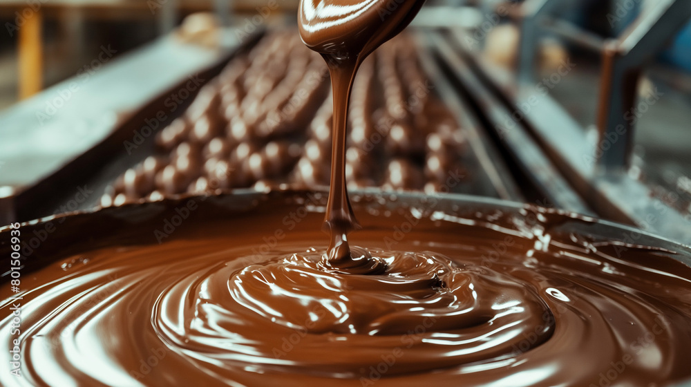 Pouring molten chocolate in a factory setting, capturing the smooth ...