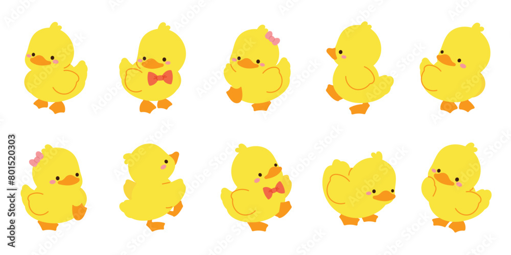 Vetor Cute Animal Duck characters set. Hand drawn farm animal cartoon ...