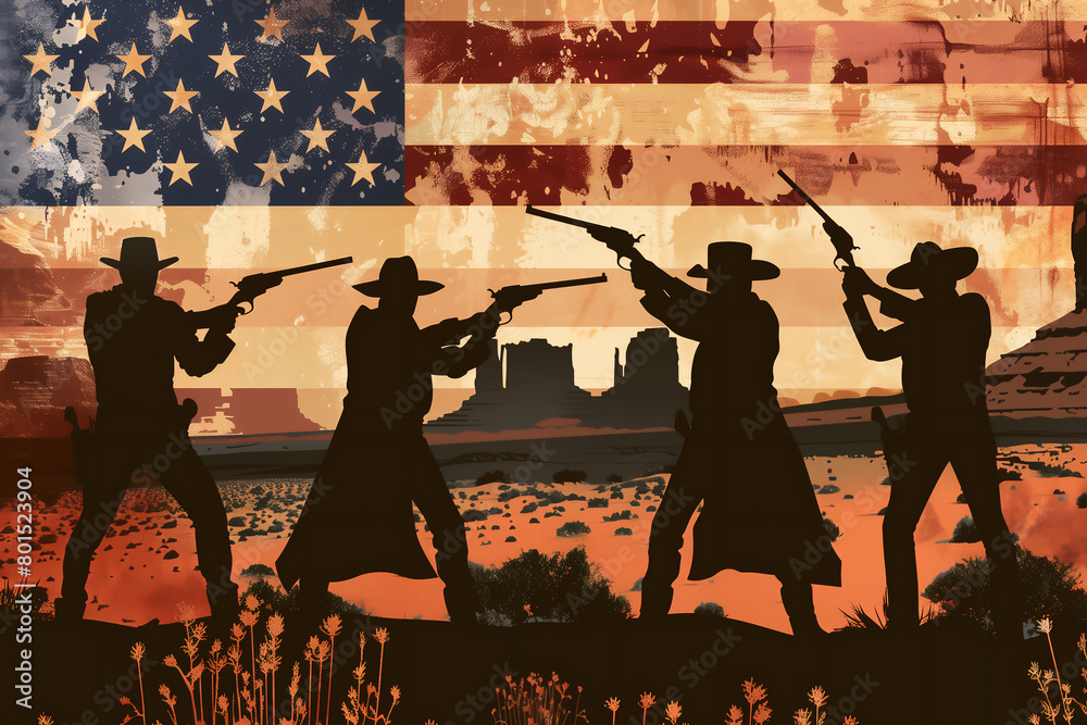 American cowboy outlaw gunslingers in the Wild West frontier of Texas ...
