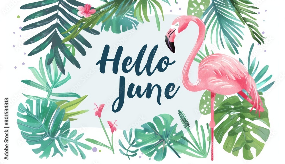 "Hello June" text with tropical leaves and a pink flamingo on a white ...