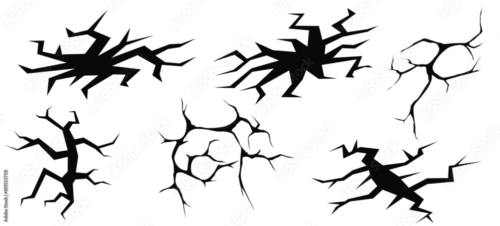 Ground split fracture line. Wall crack black silhouettes, earthquake ...