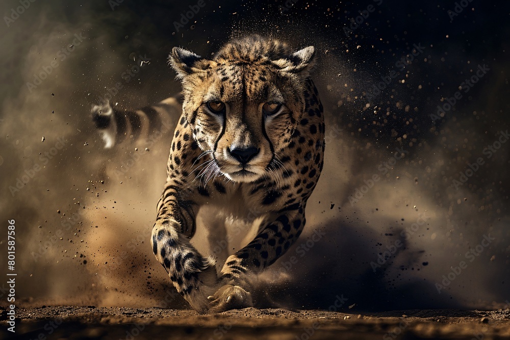 Dynamic image of a cheetah running at high speed in low light, dust ...