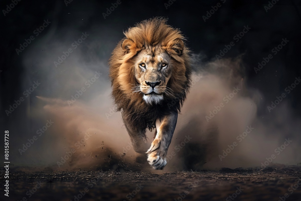Dynamic image of a lion running fast at night, dust billowing, motion ...