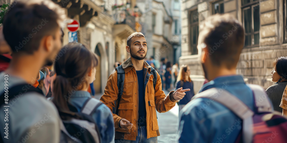 Tour guide leading a group of visitors to tourist attractions, giving ...