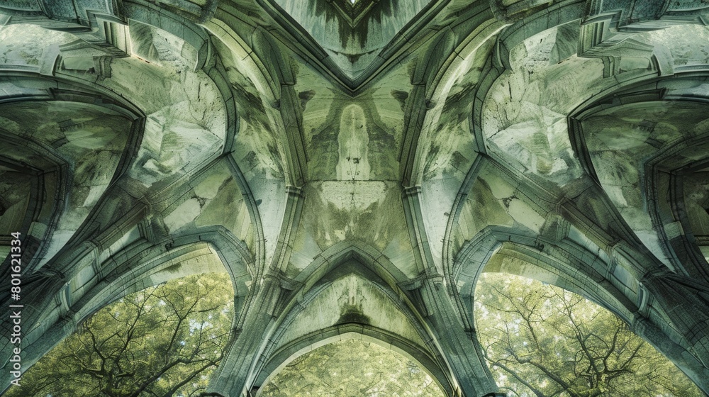 A symmetrical design with layers of curved lines and shapes evoking the ...