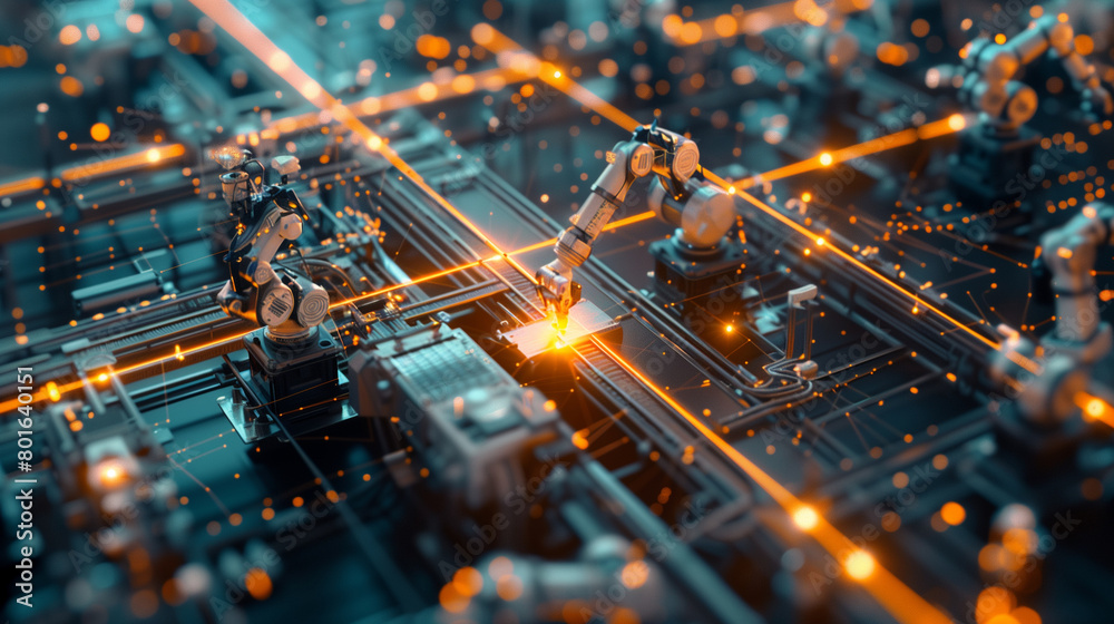 An overhead blur of a factory floor with robotic arms in operation ...