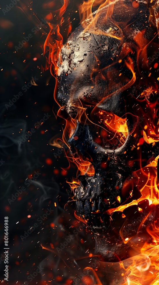 flames smoke surround skull shape human head burn scar left cheek ghost ...