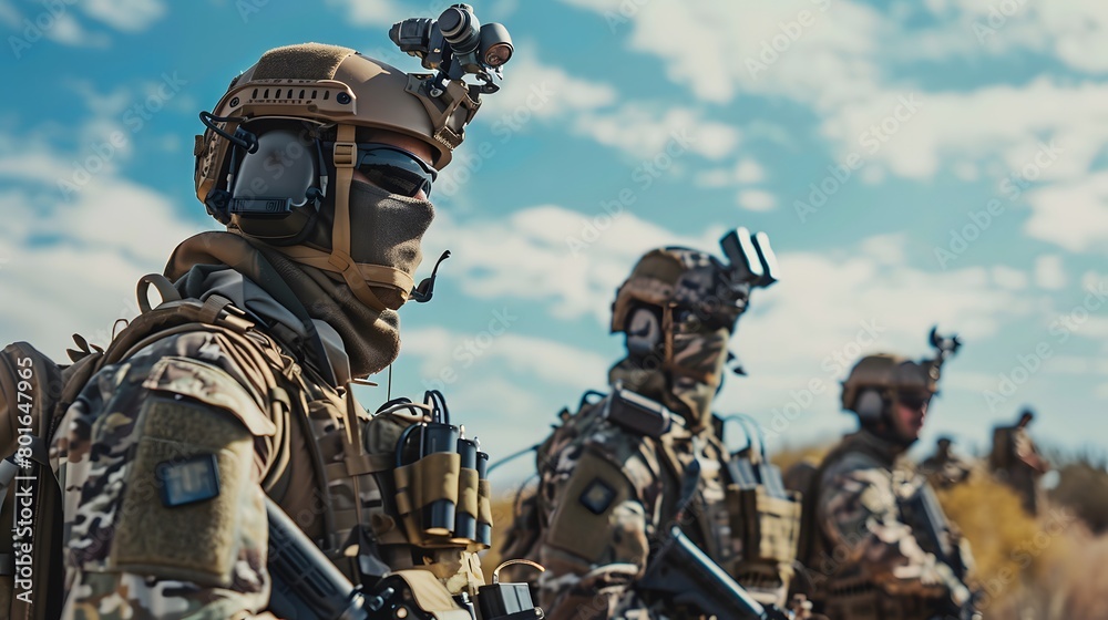 Uniformed soldiers in combat training aiming rifles outdoors Stock ...
