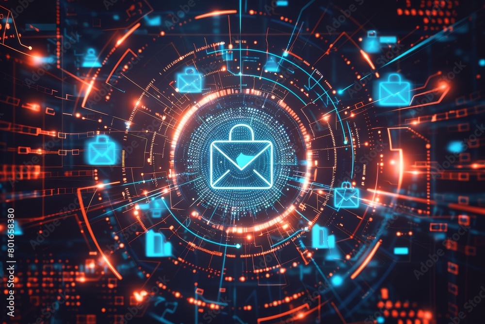 Digital illustration of an email security icon with multiple red check ...