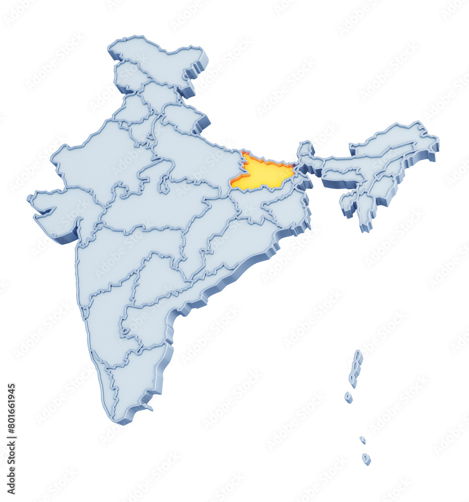 Indian state of Bihar highlighted in golden yellow on three-dimensional ...