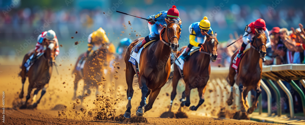 Horse racing or derby jockey riding a horse during a race in front of ...