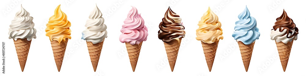 Set of Soft serve Yoghurt Ice cream swirl on waffle cone cutout, Many ...