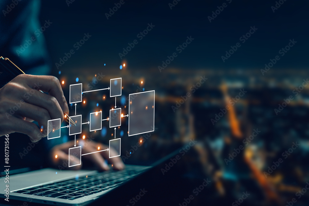 businessman using computer design workflow automation with flowcharts ...