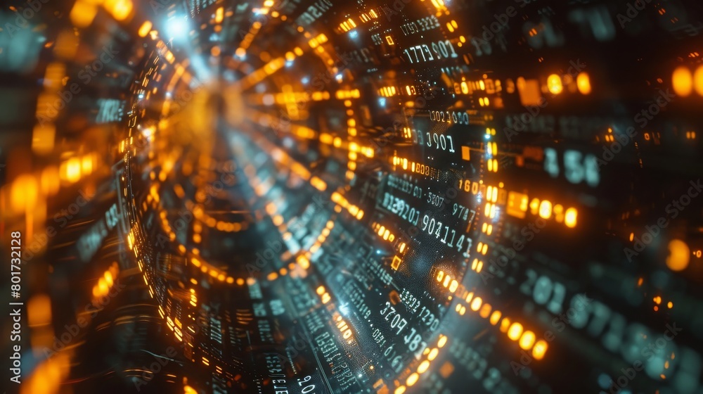 Dynamic scene of golden binary code streaming along a tunnel-like digital landscape, signifying ...