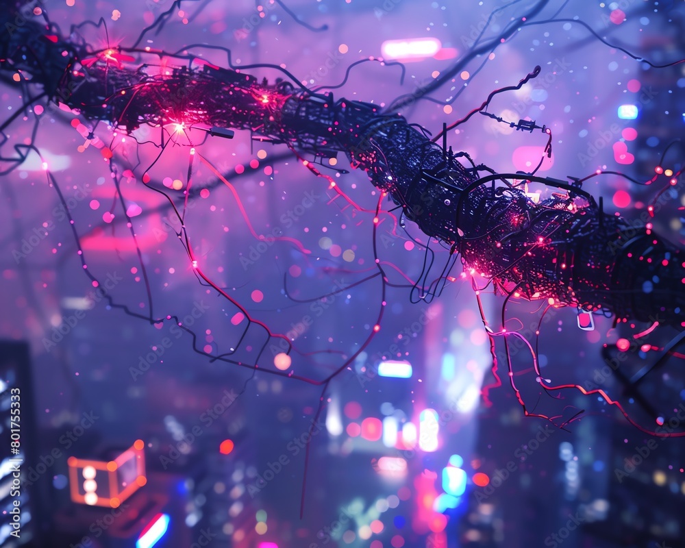 Tangled electrical wires overhead with pulsating energy flows, neon ...