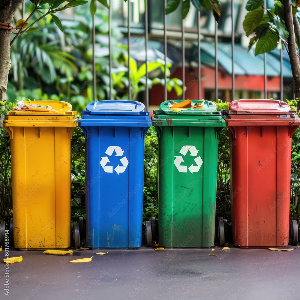 recycling bins, garbage bins in different colors, recycling symbols ...