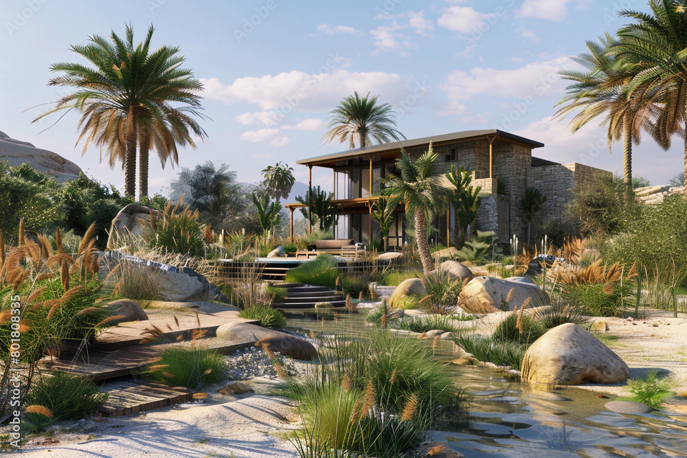 A 3D visualization of a Cape Cod style house in the desert landscapes ...