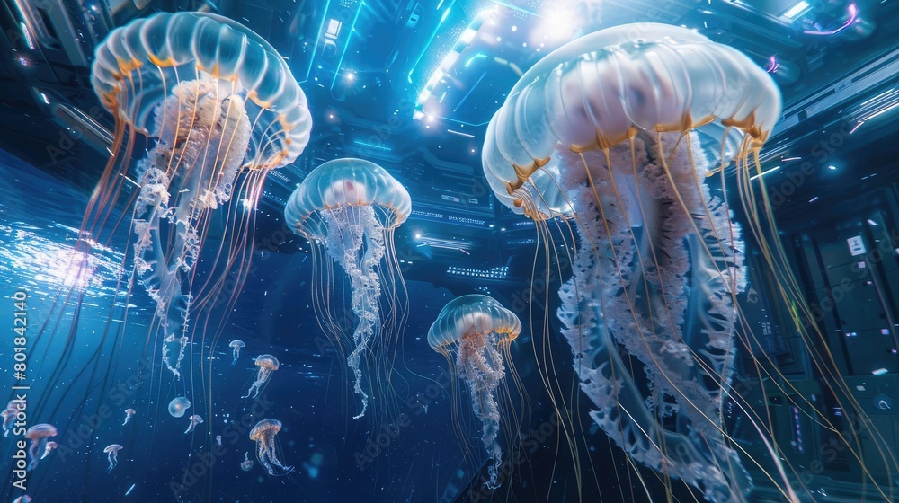 Jellyfish floating in a zero gravity space station, used as biological ...
