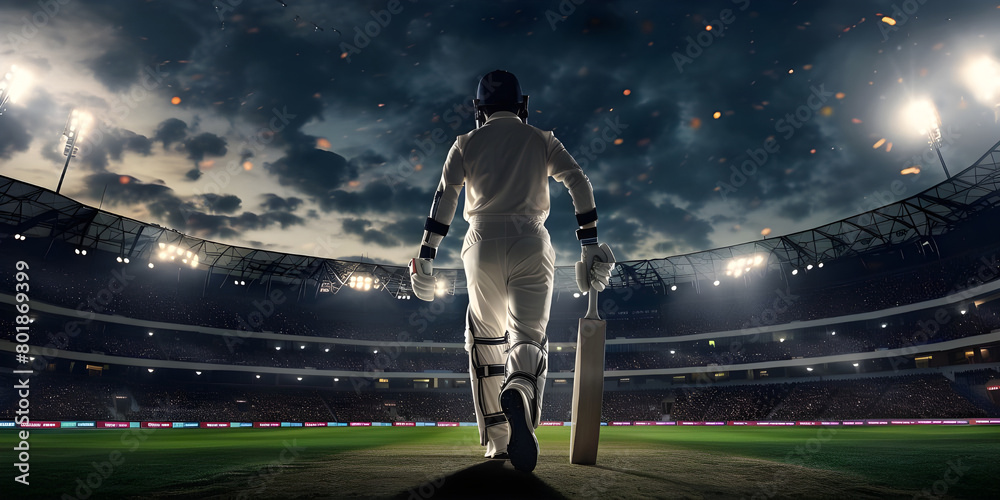 Cricket Player batsman walking towards pitch in cricket stadium Stock ...