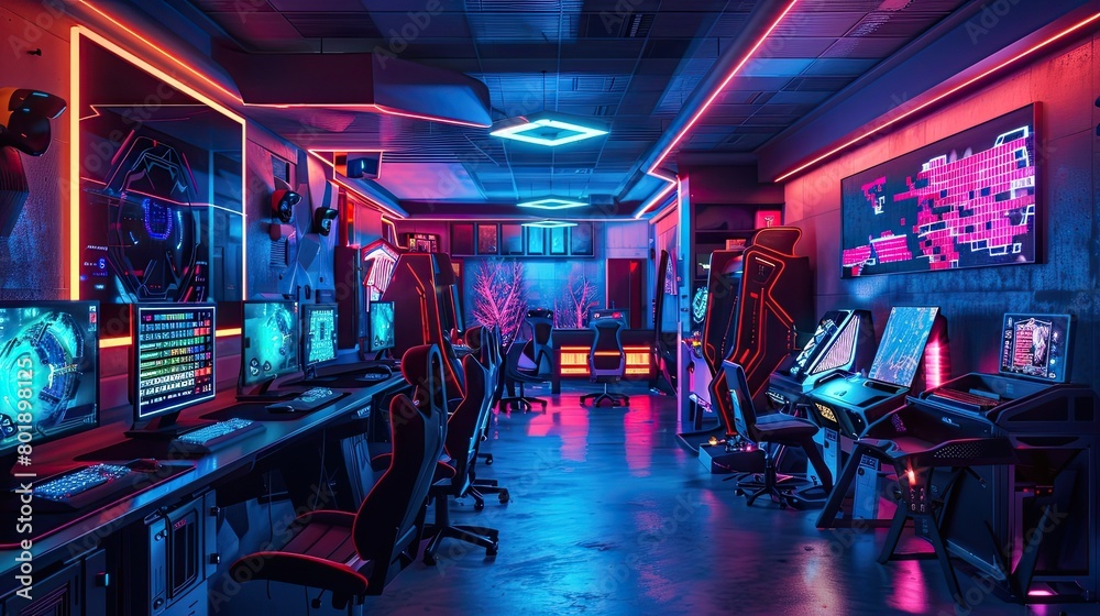 Futuristic cyberpunk-themed gaming room with neon lighting, virtual ...
