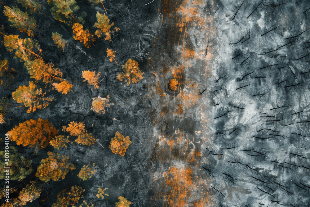 An aerial view of a forest after a wildfire, depicting a stark contrast ...