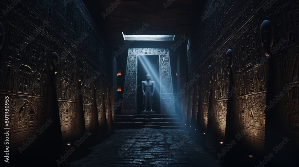 Egyptian tomb passage. Pharaoh grave decorated with hieroglyphs. Dark ...