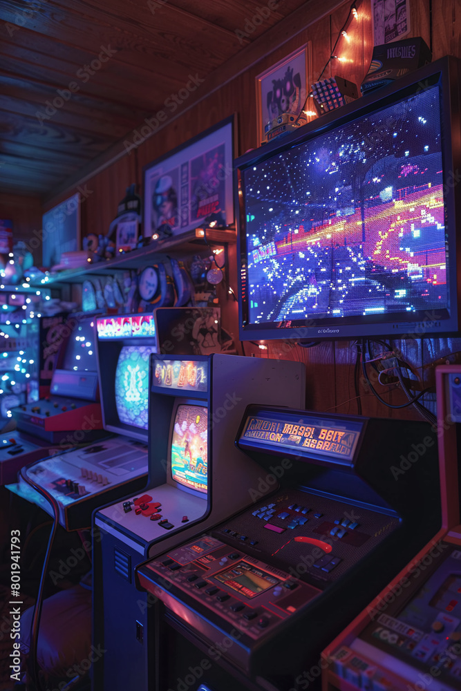 Retro gaming night, vintage consoles, pixel art on screens, nostalgic ...