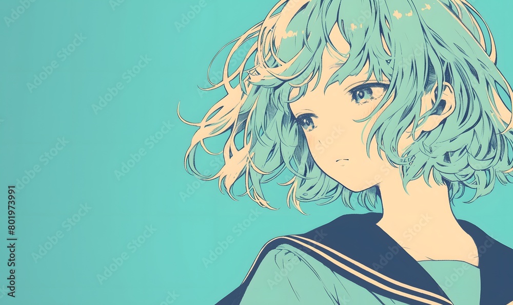 anime style. Beautiful girl wearing a sailor suit on a simple one color ...