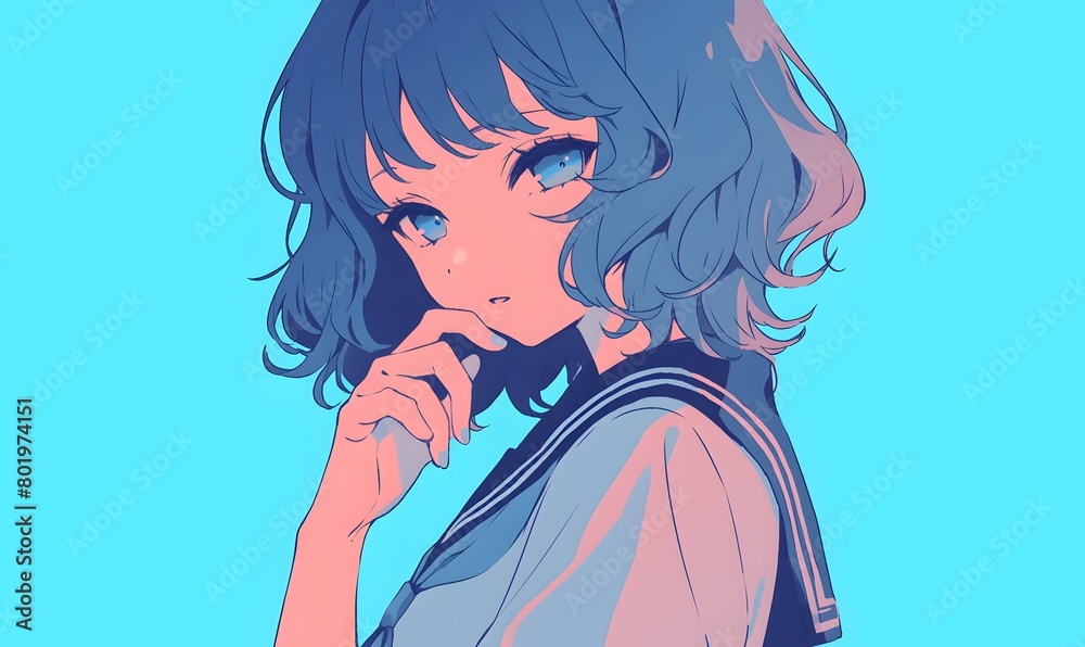 anime style. Beautiful girl wearing a sailor suit on a simple one color ...