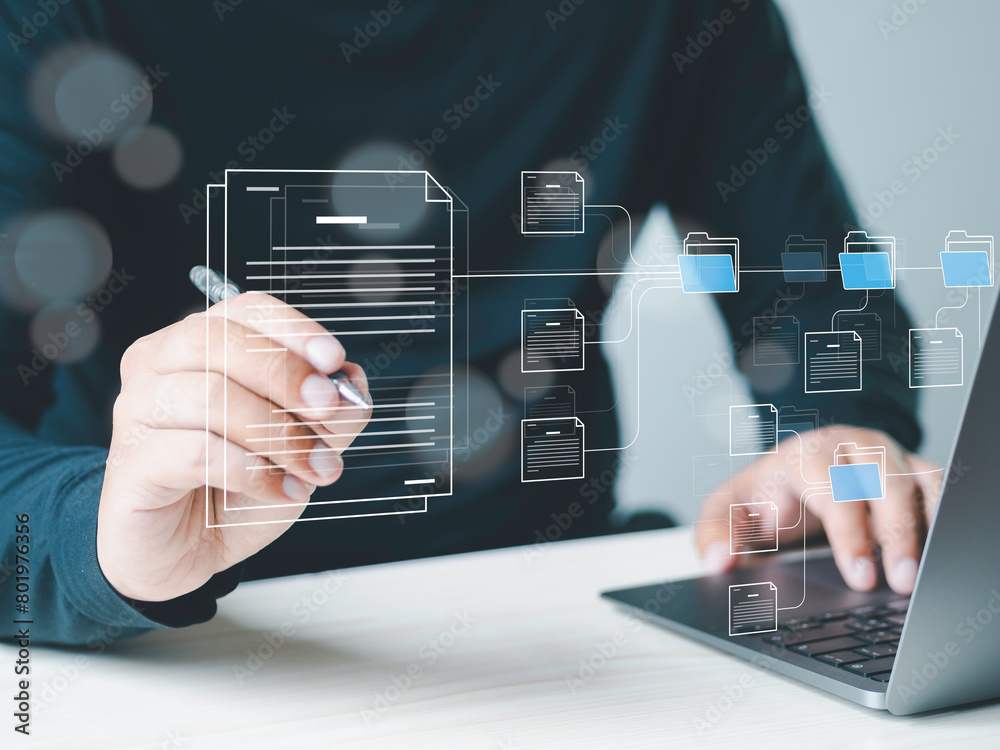 document management concept Online document databases and digital file storage systems or ...