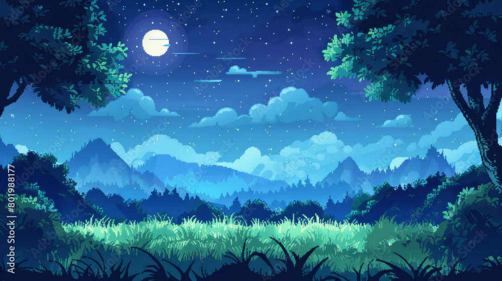 Enchanted forest pixel art background with starry night sky Stock ...